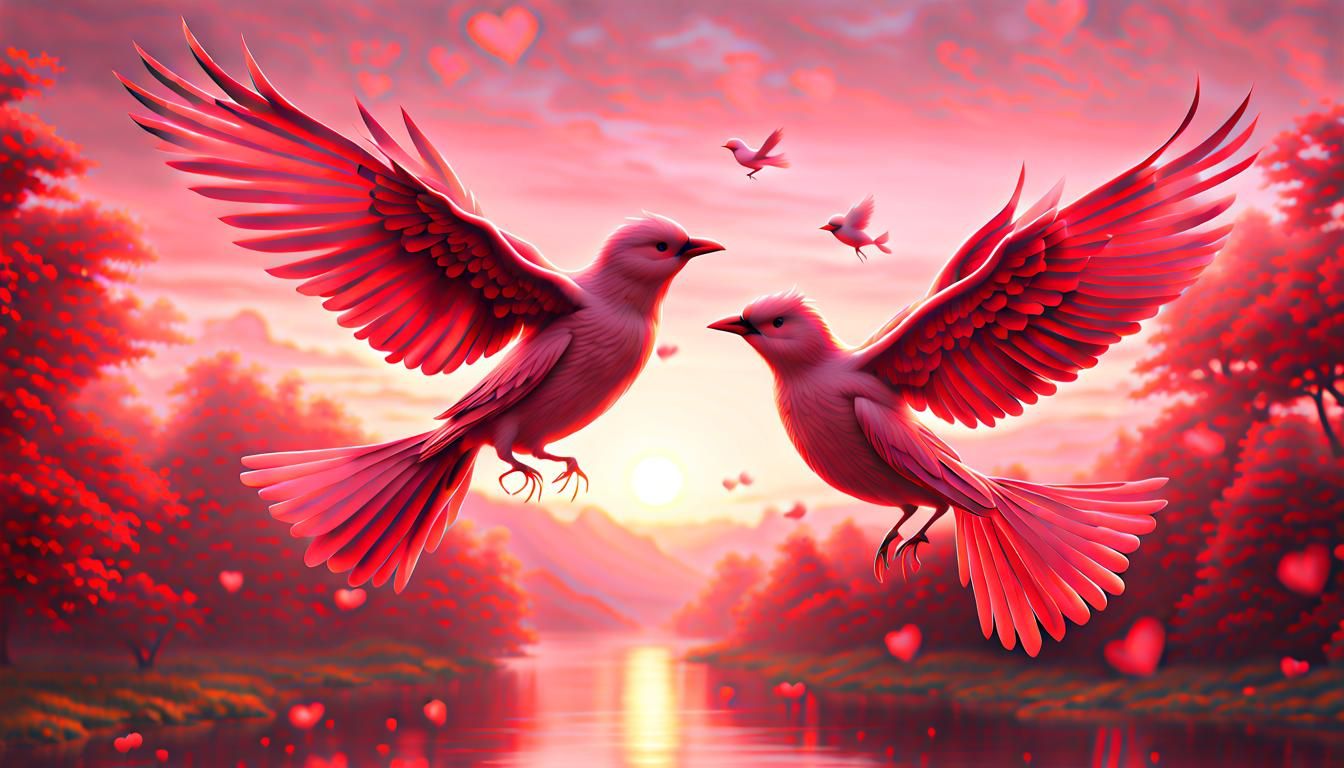 red and pink heart-shaped birds flying with perfect wings, dawn ...