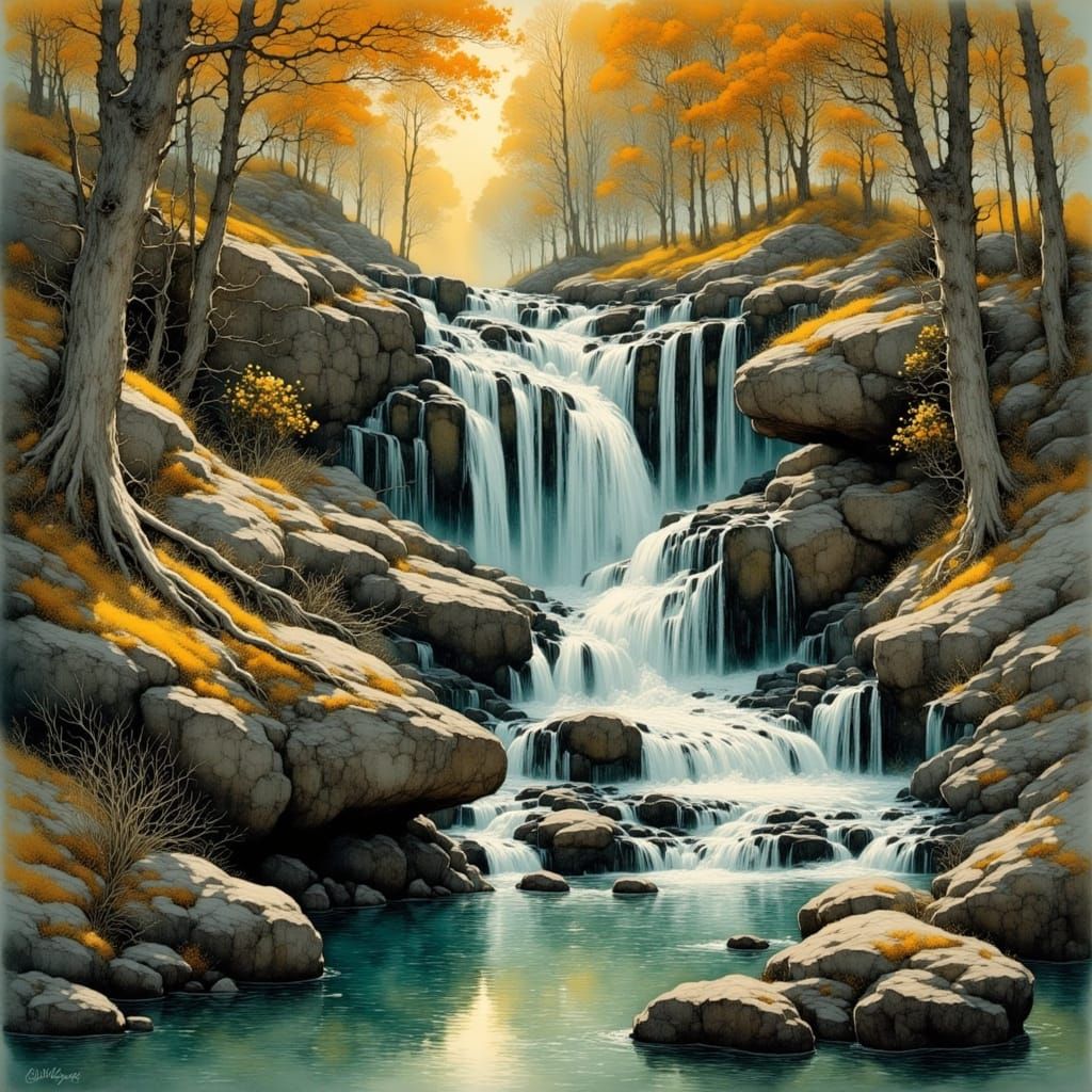 Waterfall with a Snake curdled up on a rock.