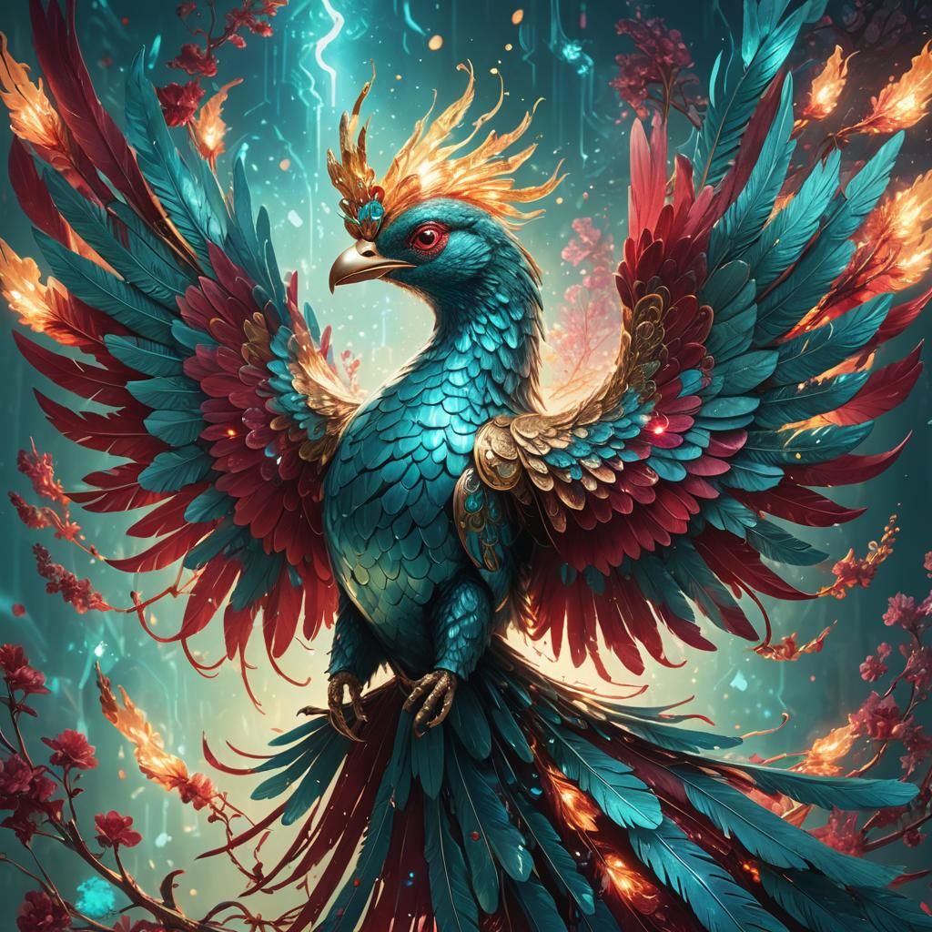 Turquoise & Ruby Phoenix - AI Generated Artwork - NightCafe Creator