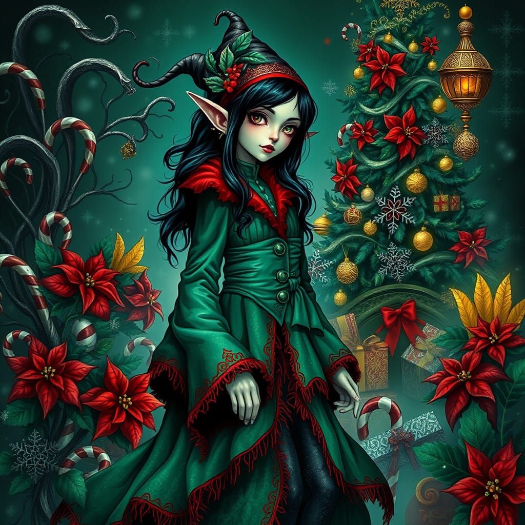 Beautiful Gothic Christmas elf, full body. Tim Burton Dan Mumford art ...