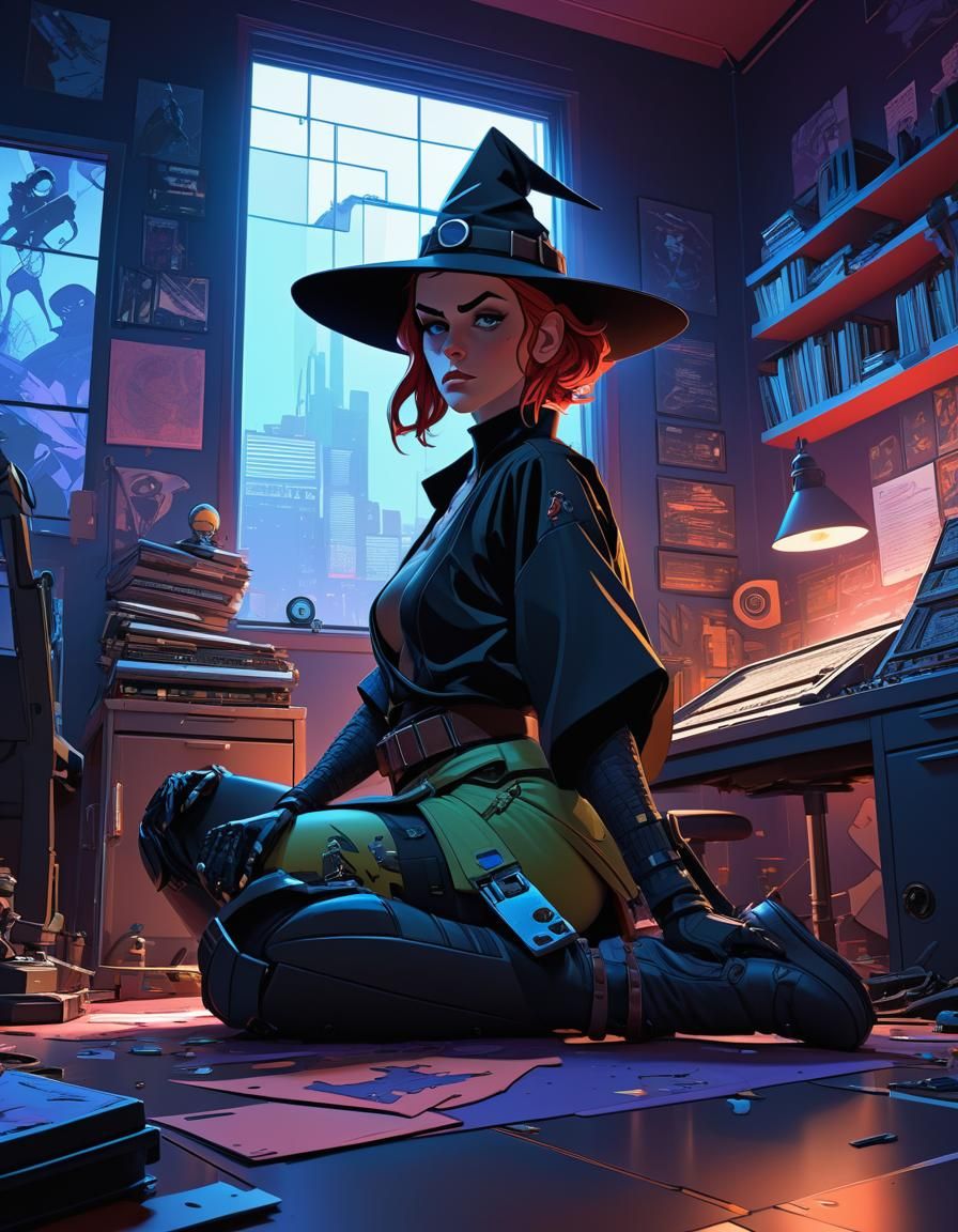 Punk Female Samurai Witch in her cyberpunk laboratory - AI Generated ...