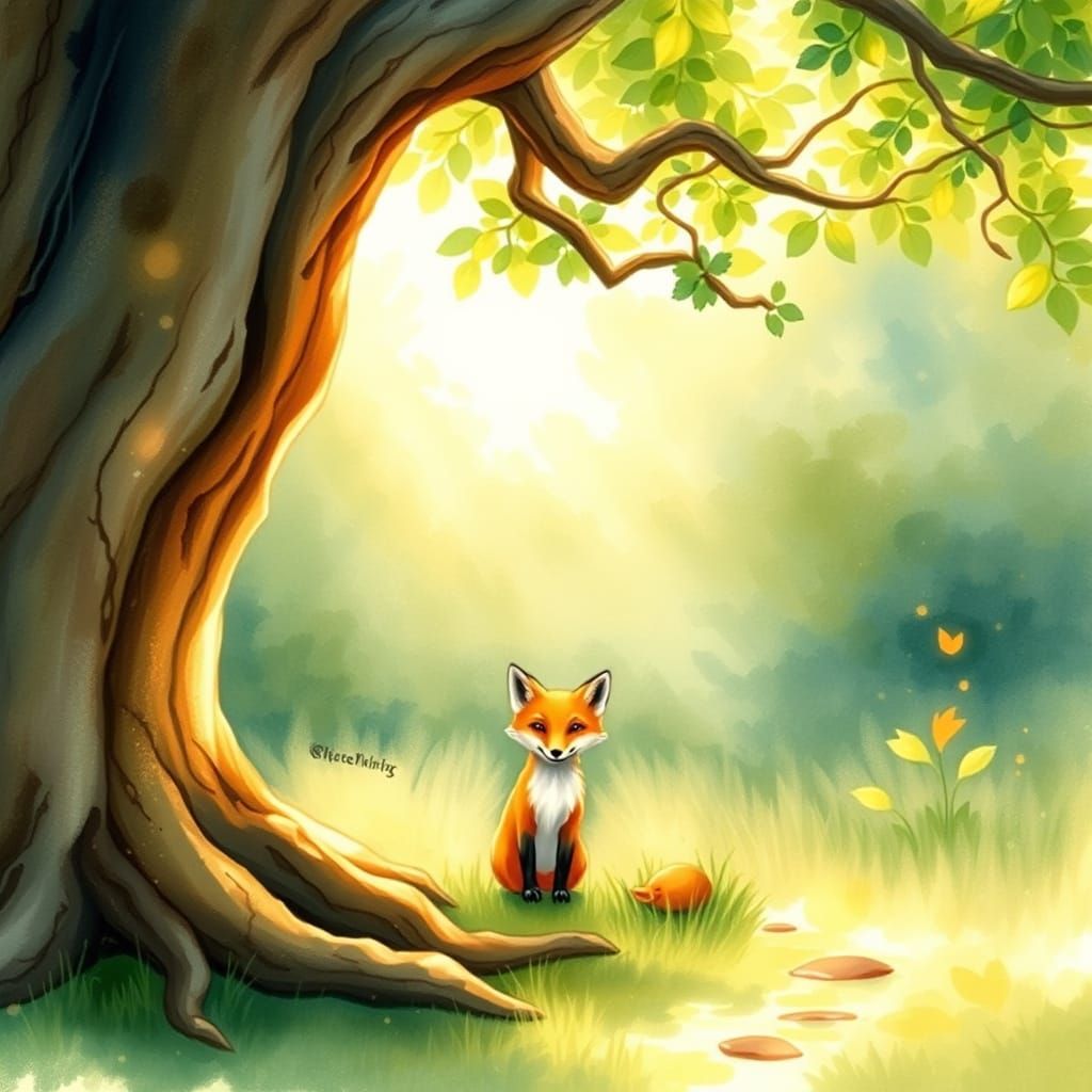 tree - Whimsical Watercolor Scene of Fox and Tree