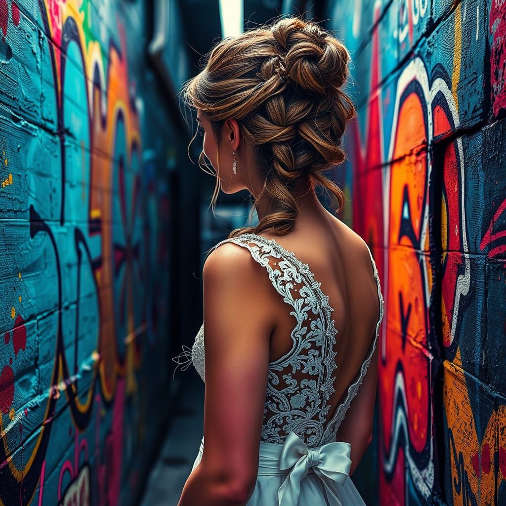 Dan beare and bride with braided ponytail with bow at bottom of hair ...