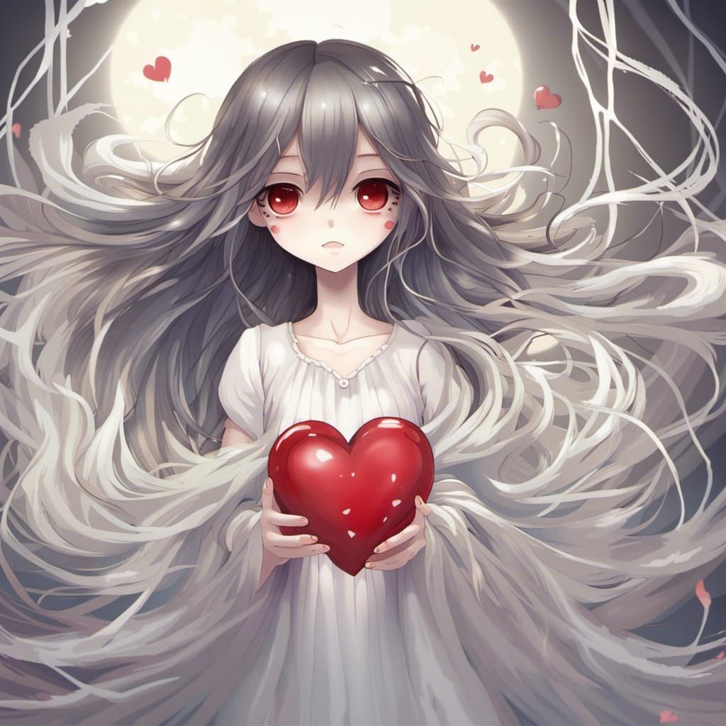 cute ghost girl _with wispy flowing hair _holding a heart_mirror wall ...