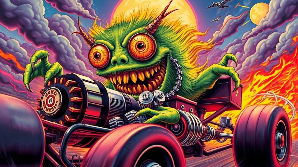 Rat Fink Monster Speeds Through Psychedelic Skies - AI Art