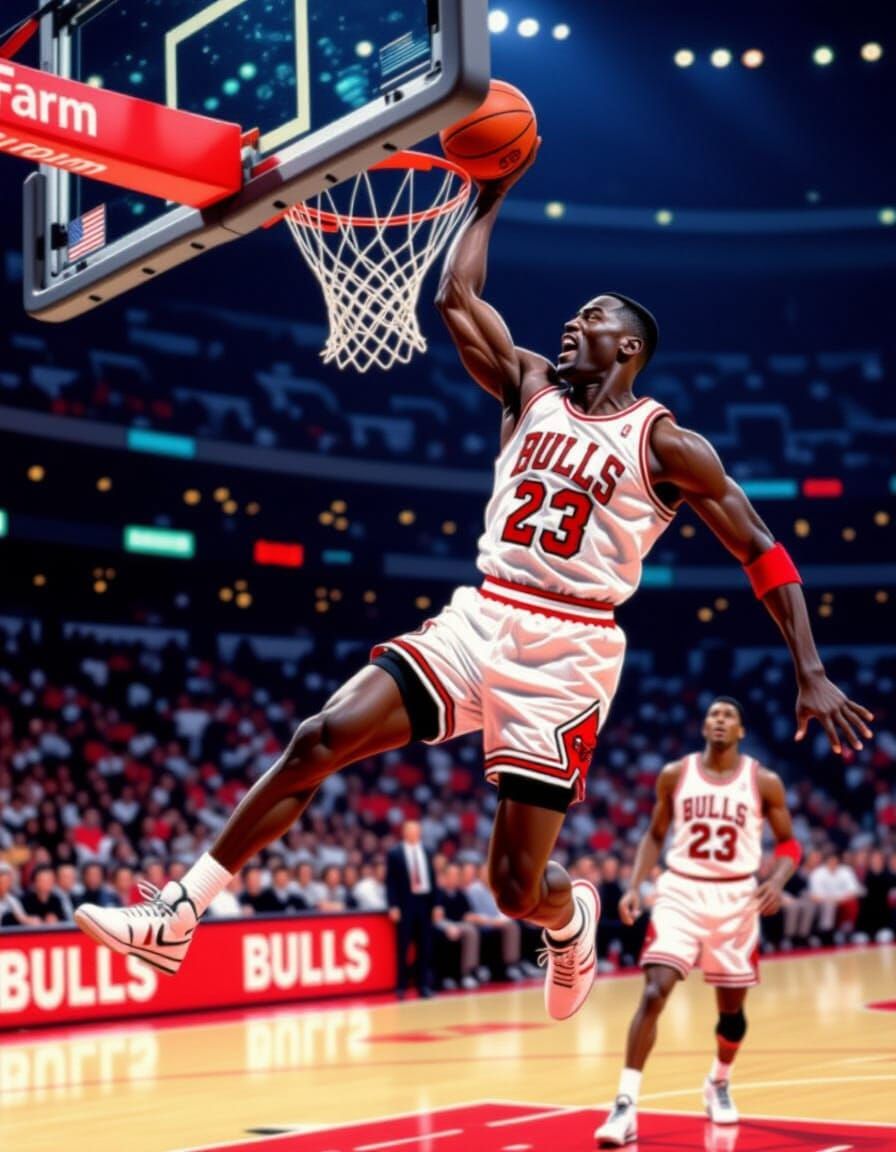 A hyper-realistic digital illustration of a close-up of Michael Jordan ...