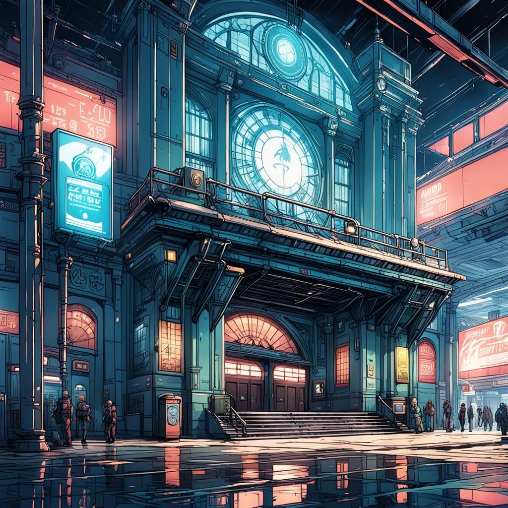 Cyberpunk style grand train station entrance, Masterpiece, Best Quality ...