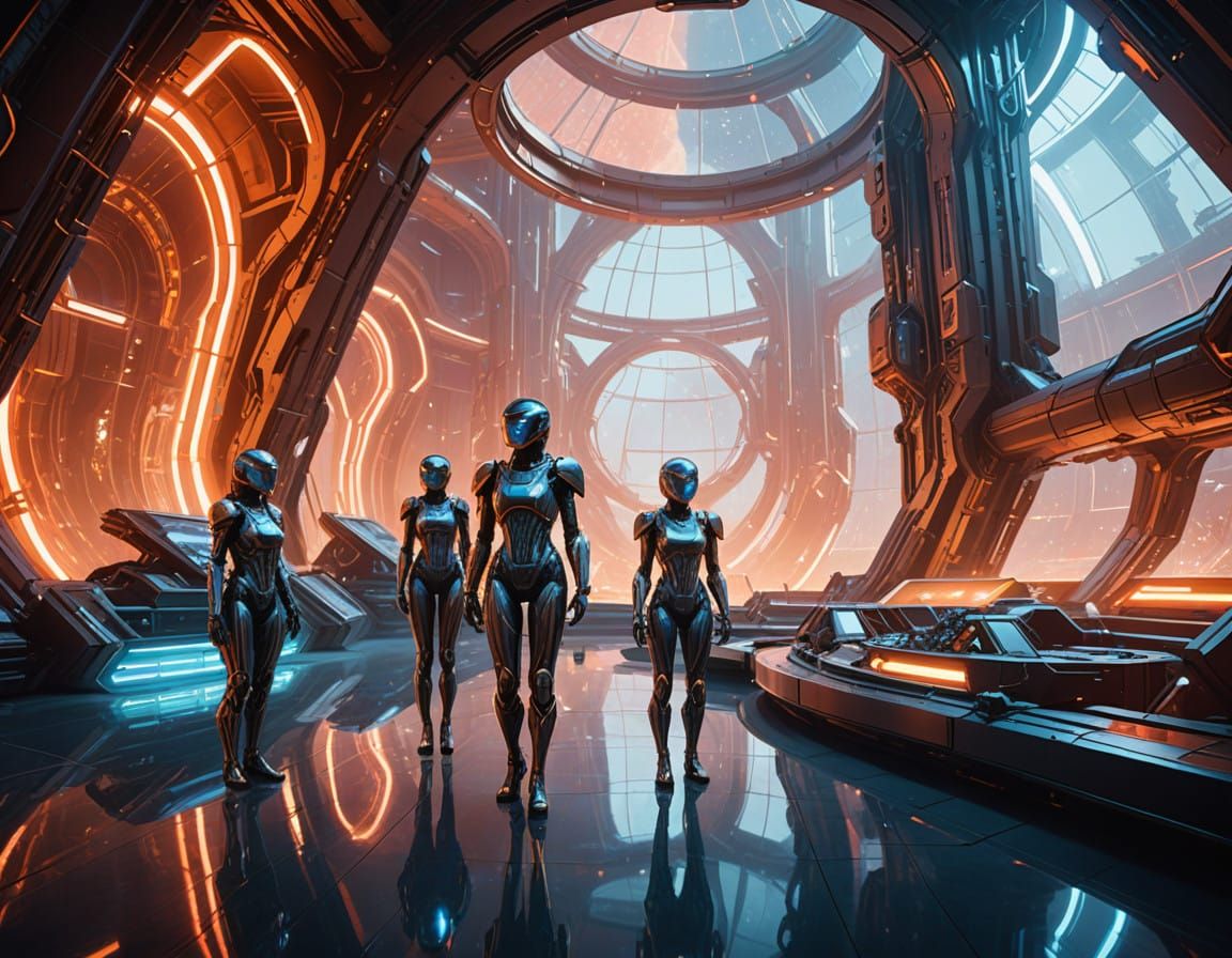 Cyborg Fembot Scientists Fine-Tune Futuristic Spac... - AI Art