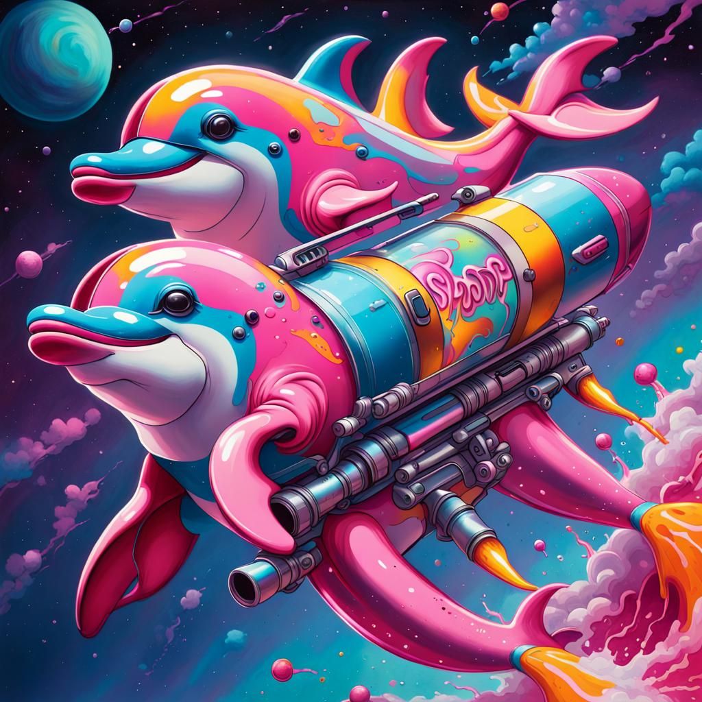 pink dolphins in space with rocket launchers strapped onto their backs ...