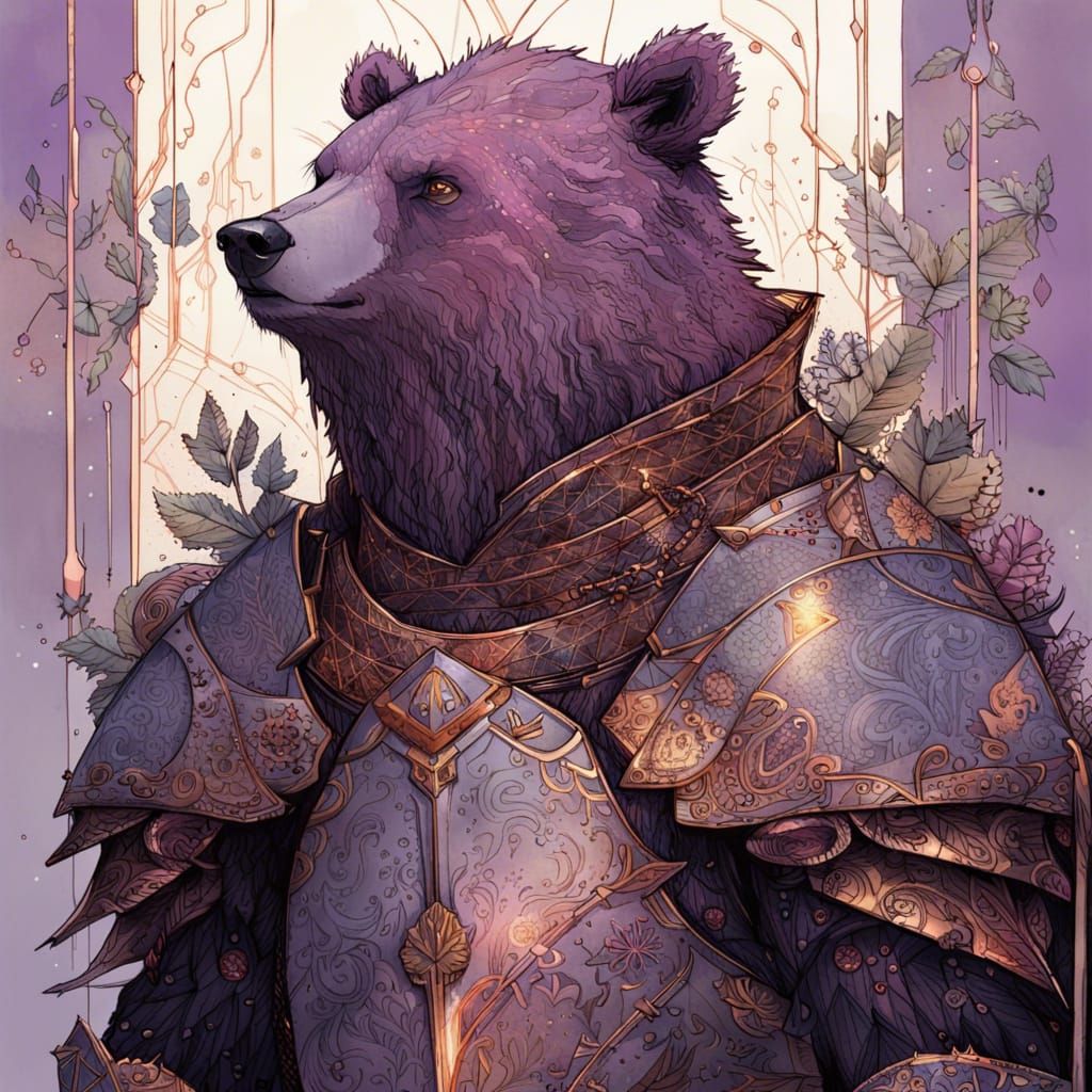 Bear Knight, Amethyst armor, copper outlines, highly detailed ...