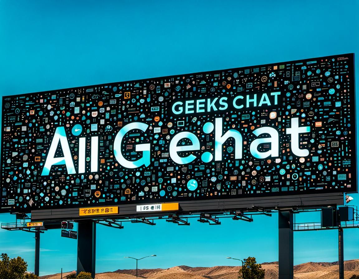 intricately design 4k digital billboard that reads "AI GEEKS CHAT ...