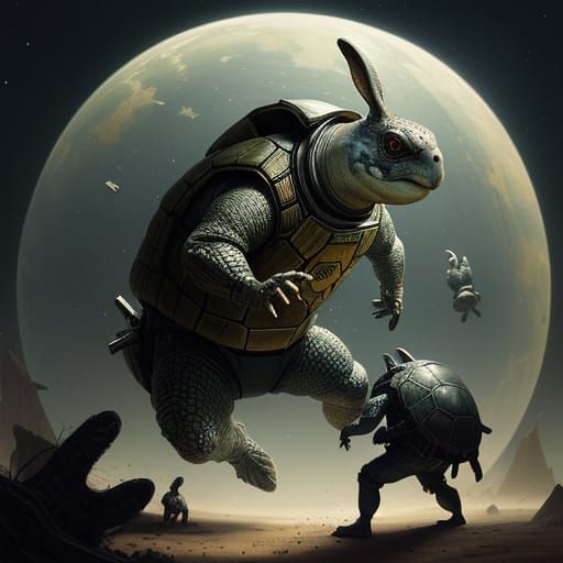 Cosmic Horror Turtle and Rabbit in Space Suits - AI Art