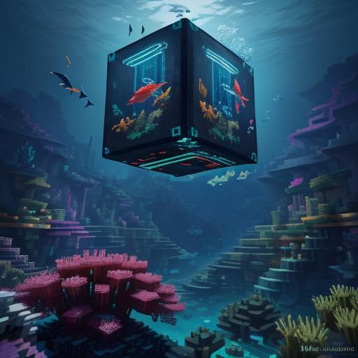 School of fish underwater and in the black neon cube in Minecraft - AI ...