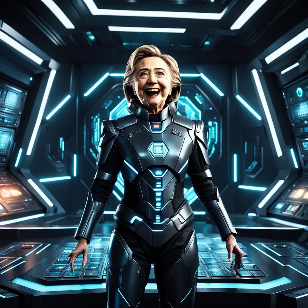 Maniacally laughing evil Hillary Clinton in dark futuristic suit ...