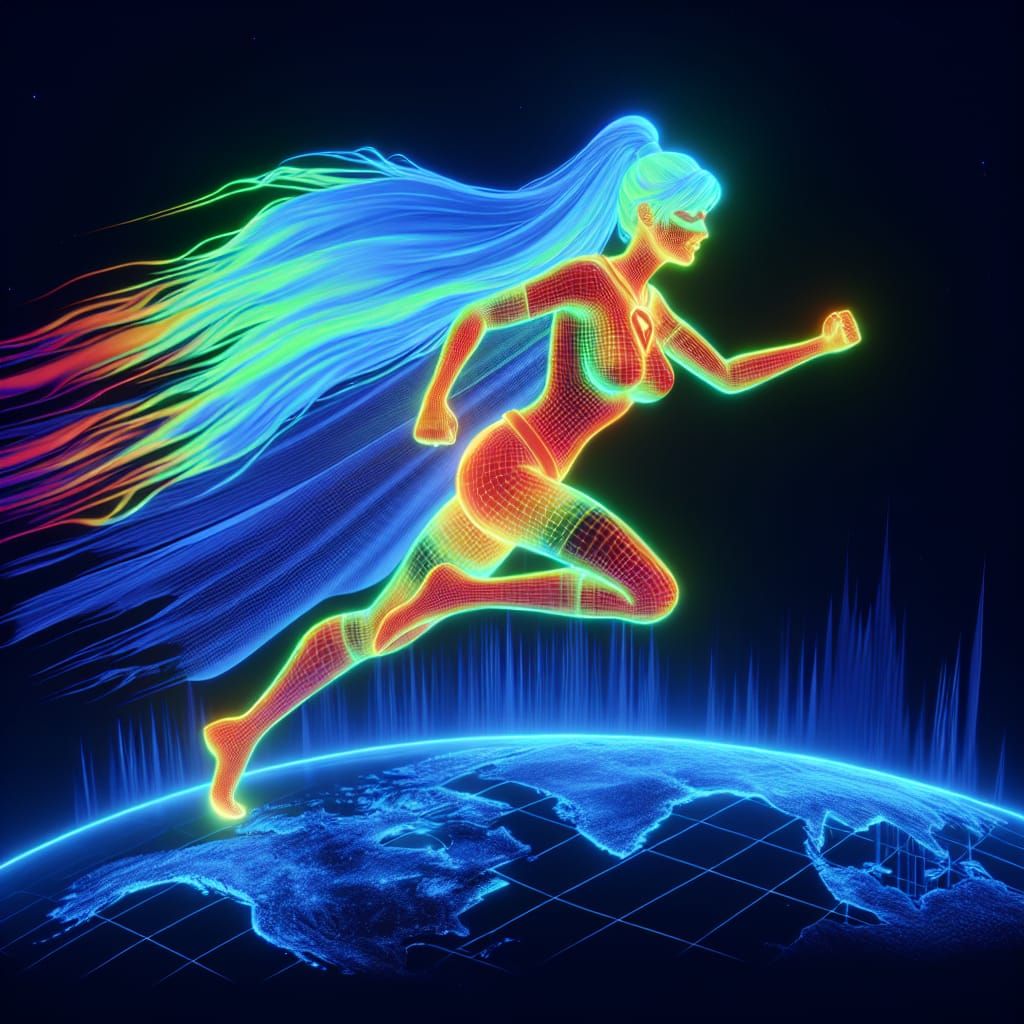 A Female Super Hero in 3D Holographic Action Savin... - AI Art