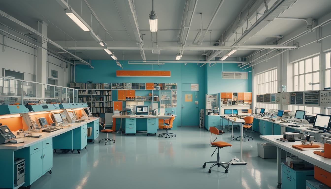 Frutiger aero laboratory, scenic shot, calming ambient, cyan and orange ...