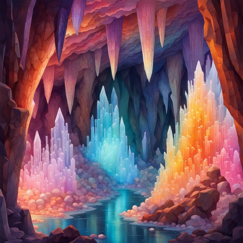 HYPERDETAILED SCENE INSIDE A VIBRANTLY COLORED CRYSTAL CAVE WITH ...