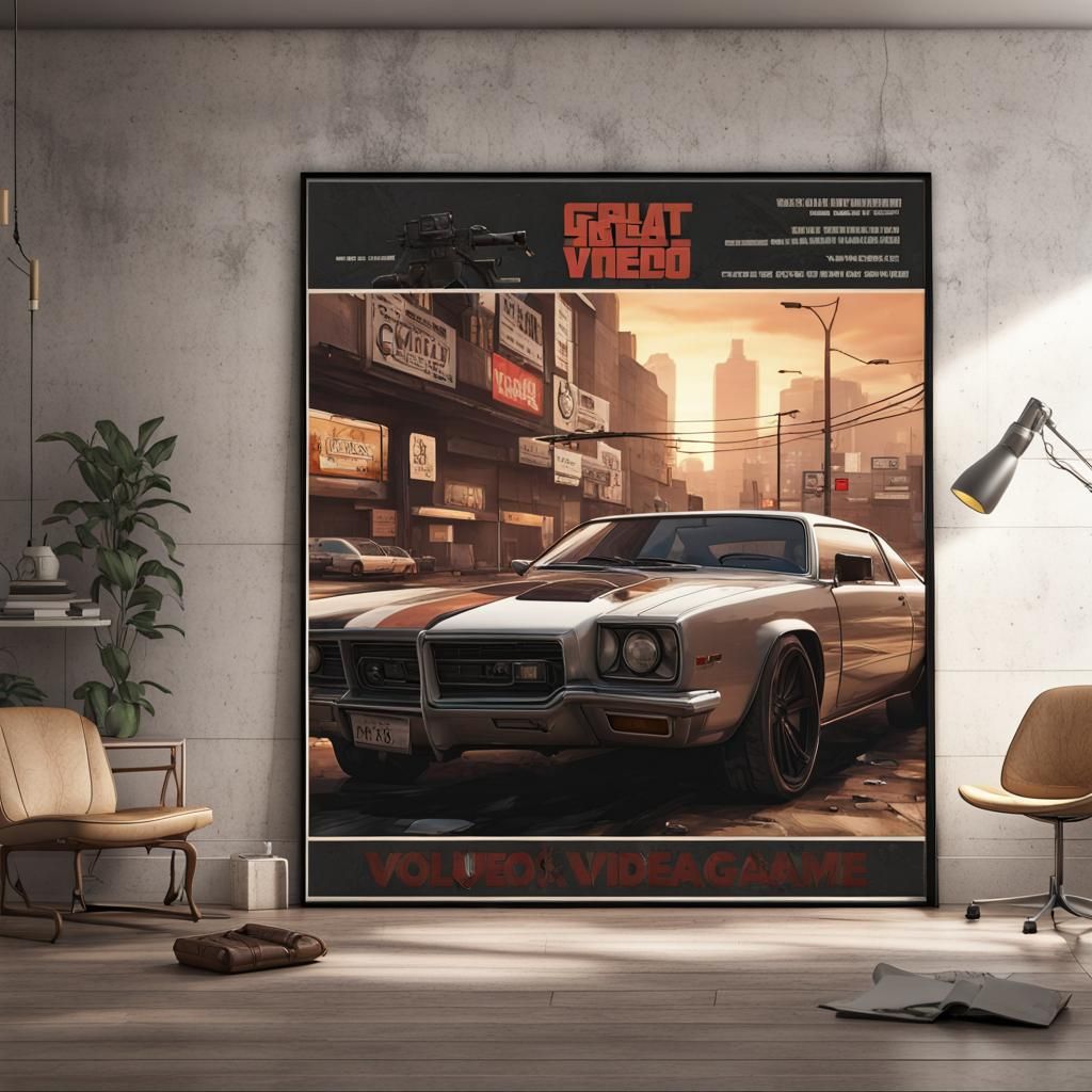 GTA video game Wall poster on a marble wall, nostalgic, realistic ...
