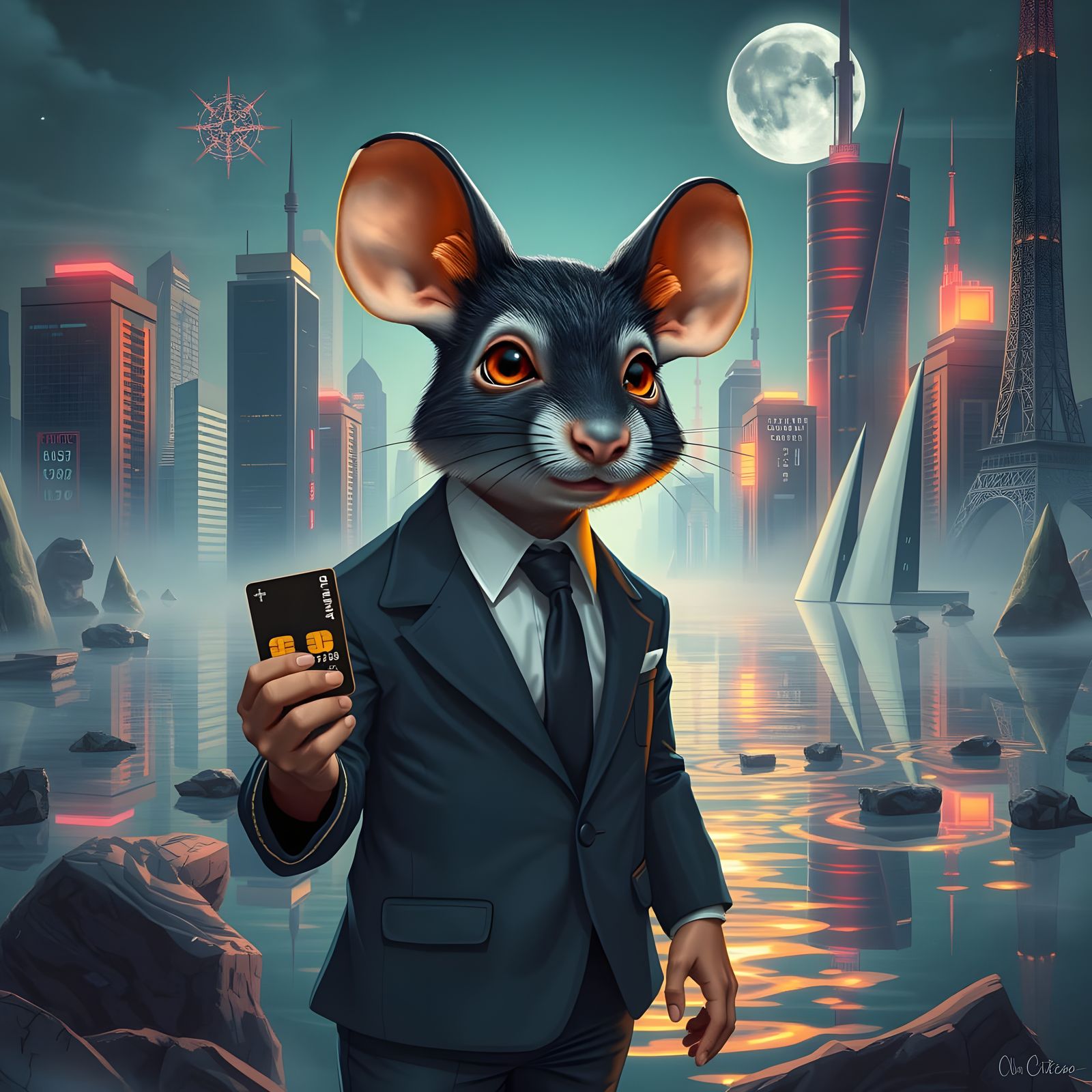 Futuristic Mouse in Noir Cityscape - AI Art