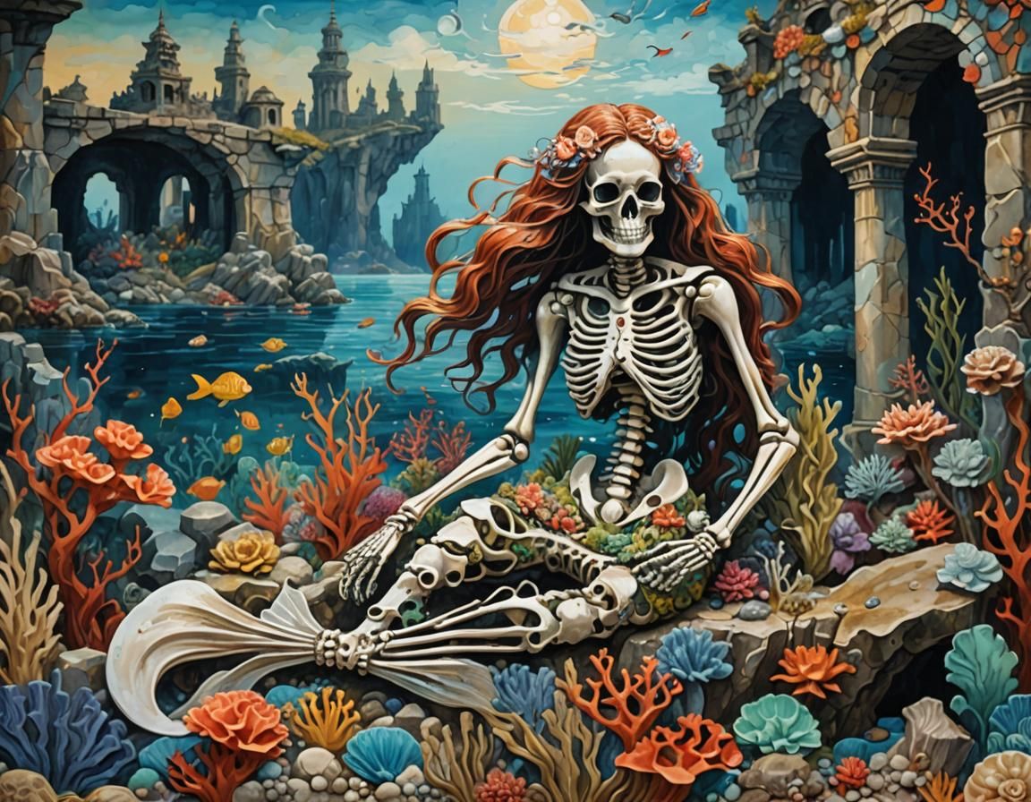 An ancient mermaid skeleton with coral and seaweed growing from it, the ...