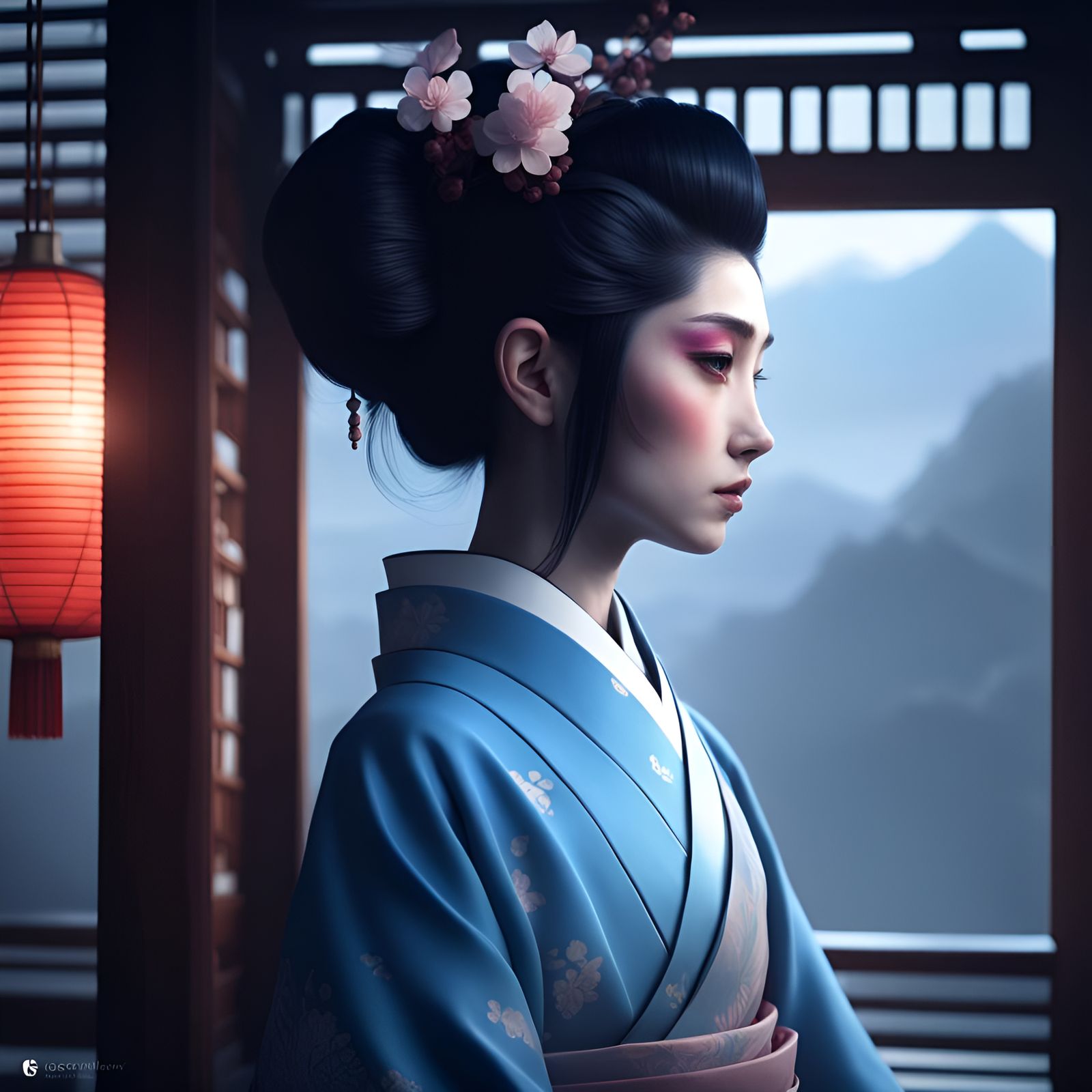 young geisha, gazing out, blue, spring, dawn, fog head and shoulders ...