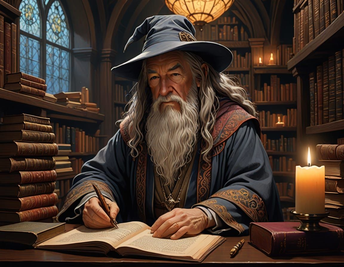 Medieval Sage Studies Ancient Tomes in Grand Libra... - AI Art