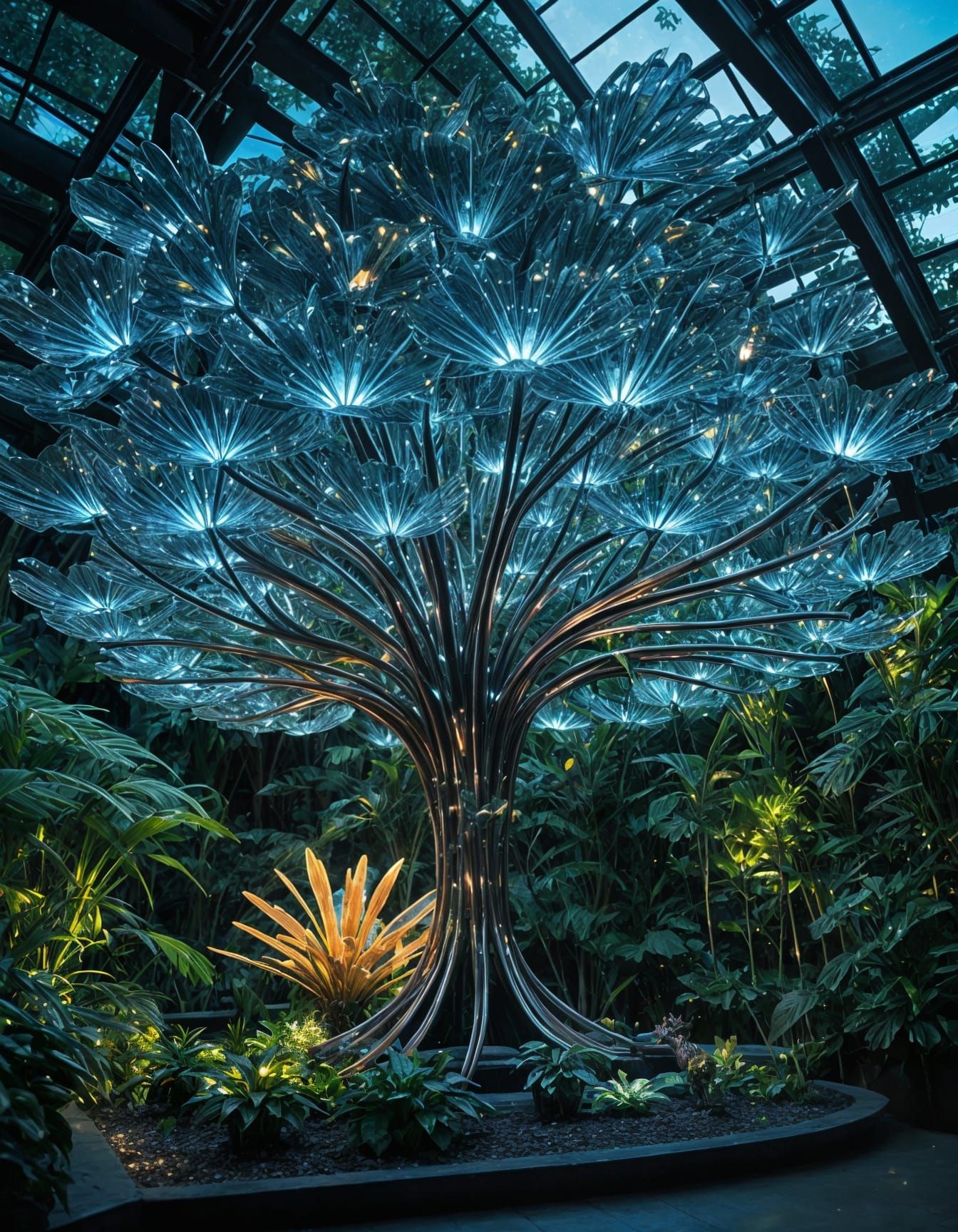 Mechanical botanical garden.A radiant, cyberpunk-inspired conservatory ...