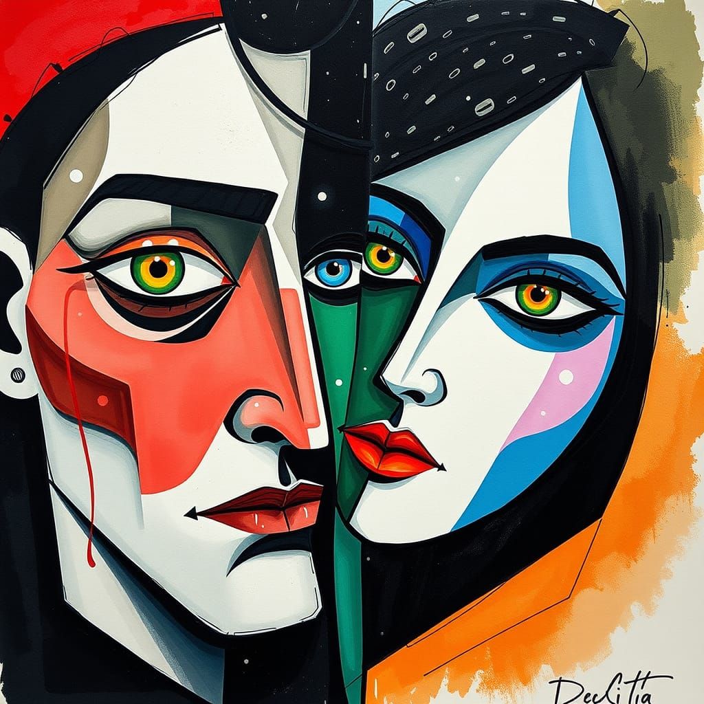 A man and woman - Dynamic Duo in Vibrant Cubist Art