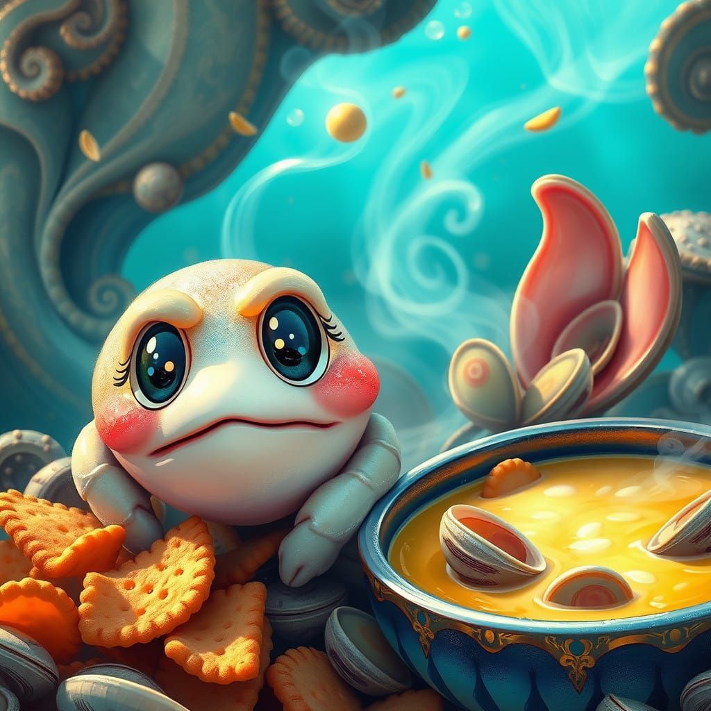 Cartoon clam crying next to big bowl clam chowder (his cousin Vinny)