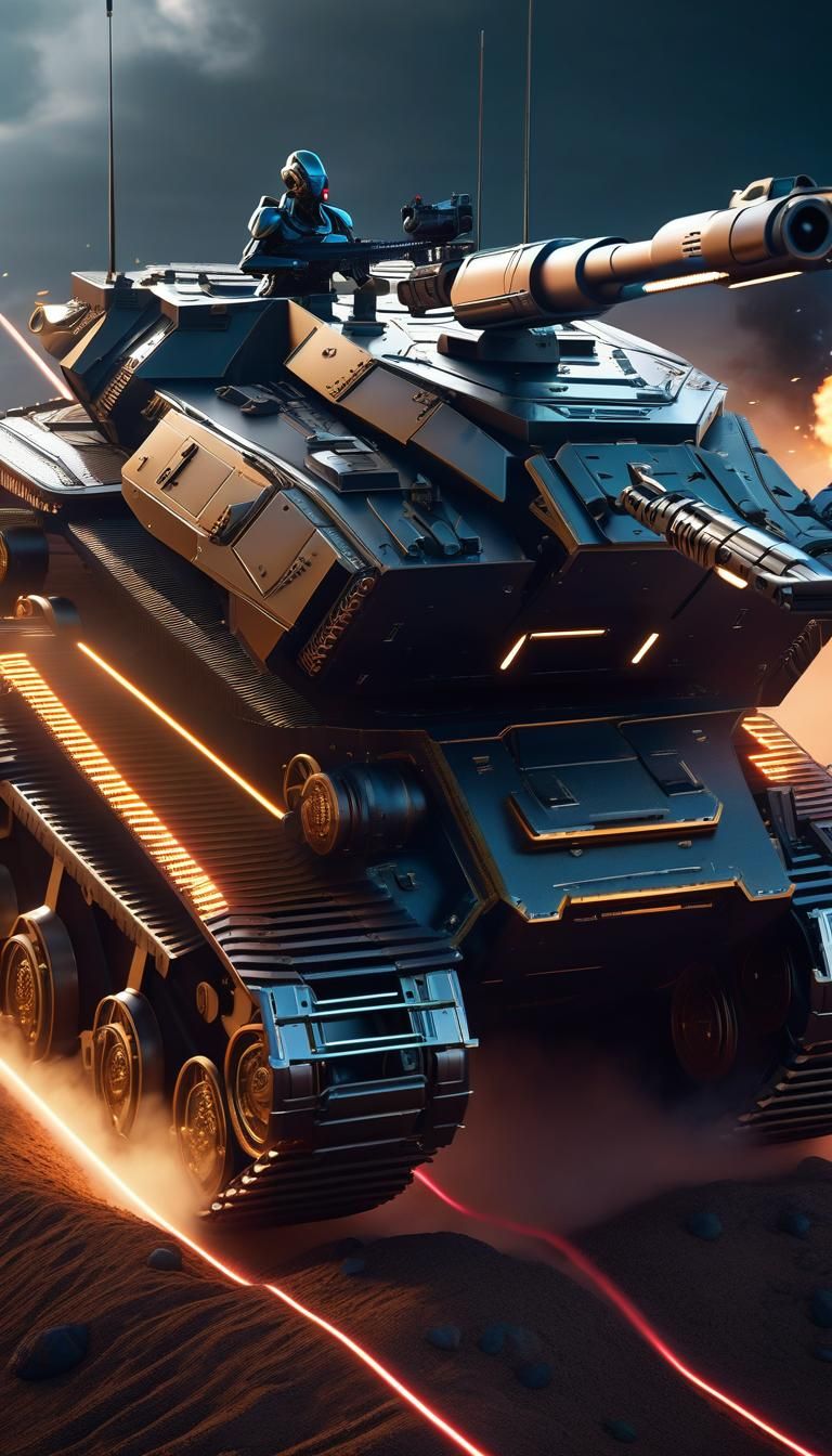 Sophisticated bio humanoid with laser guns, driving a tank in the ...