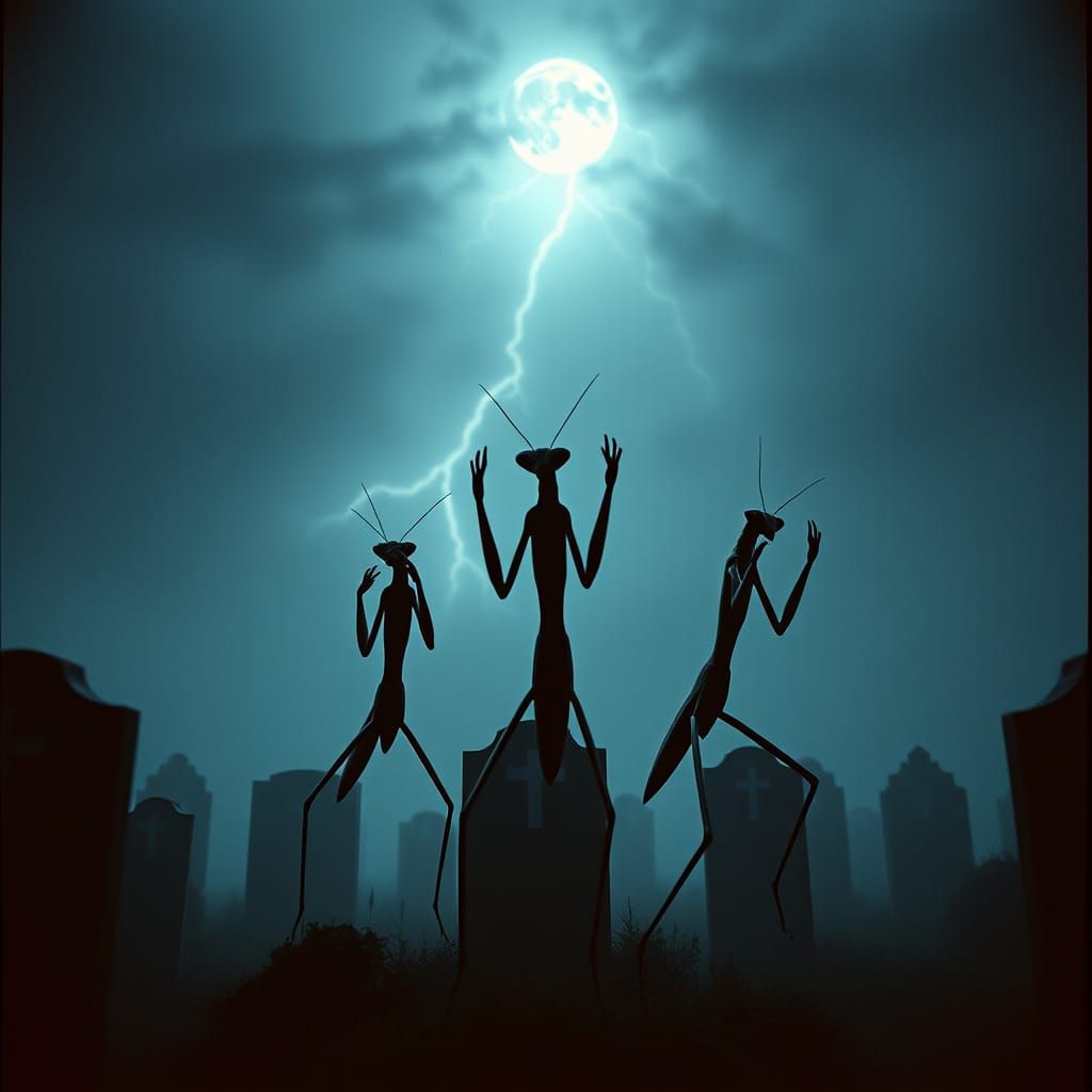 Cinematic Praying Mantis Aliens in Cemetery, Full ... - AI Art