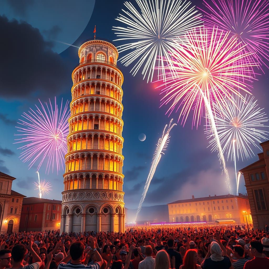 Vibrant Fireworks Dance Across Leaning Tower of Pi... - AI Art