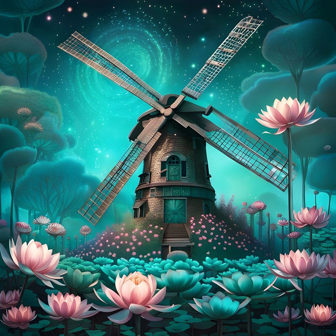 Lotus Garden Windmill - AI Generated Artwork - NightCafe Creator