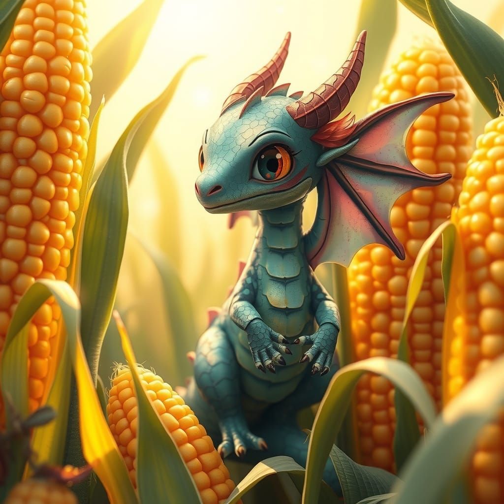 Delicate Dragon Among Vibrant Corn in Whimsical Sc... - AI Art