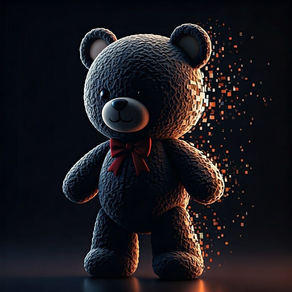 teddy bear gradually dissolving into pixels