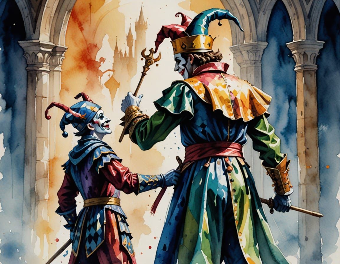 A Mysterious Jester Confronts His Ruling King - AI Art