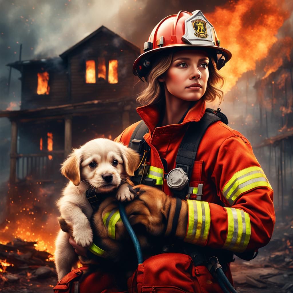 Beautiful portrait of beautiful woman firefighter rescuing cute ...
