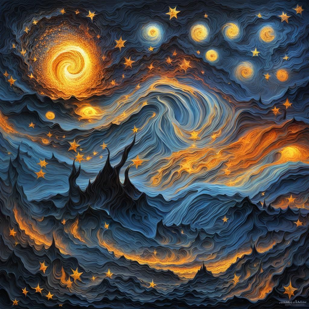 A starry nights made of molten iron, a masterpiece of modeling, magical ...