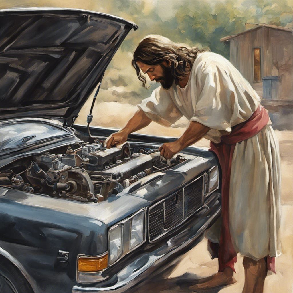 painting of Jesus working on a car engine - AI Generated Artwork ...