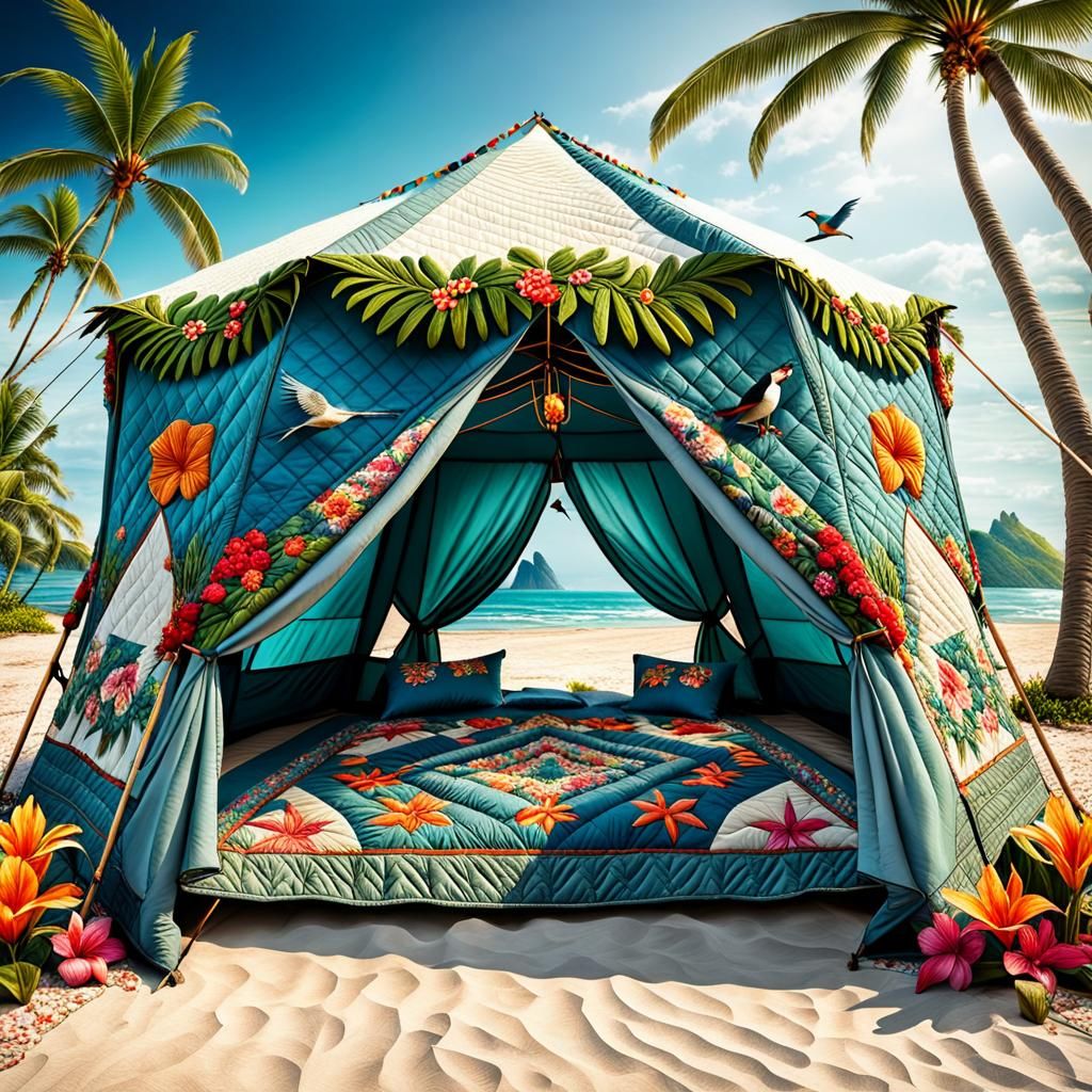 a beautiful Quilted tent on the beach with tropical flowers and birds ...