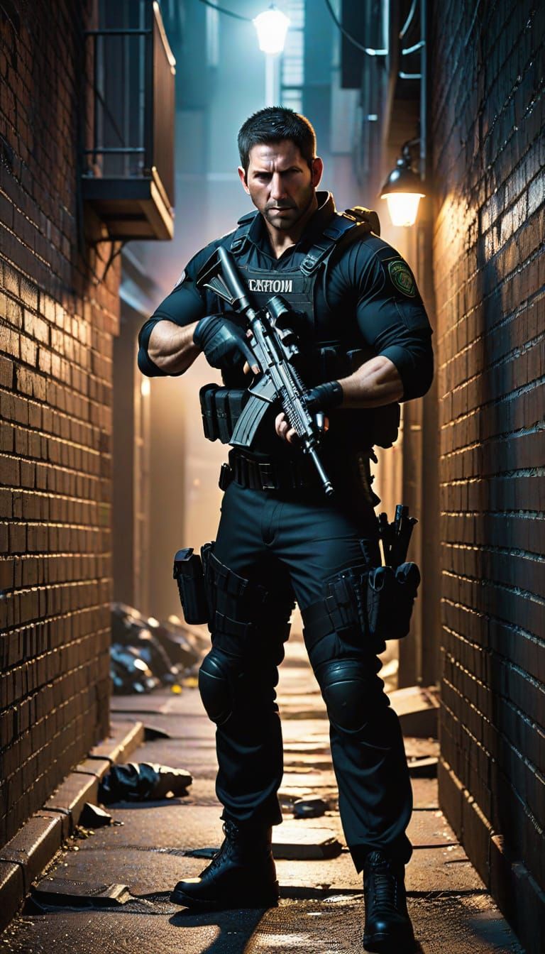 Gritty Tactical Chris Redfield in Dark Alley - AI Art