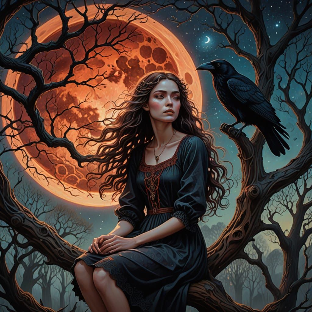 Raven perch - Mystical Girl with Raven, Under Blood Red Moon