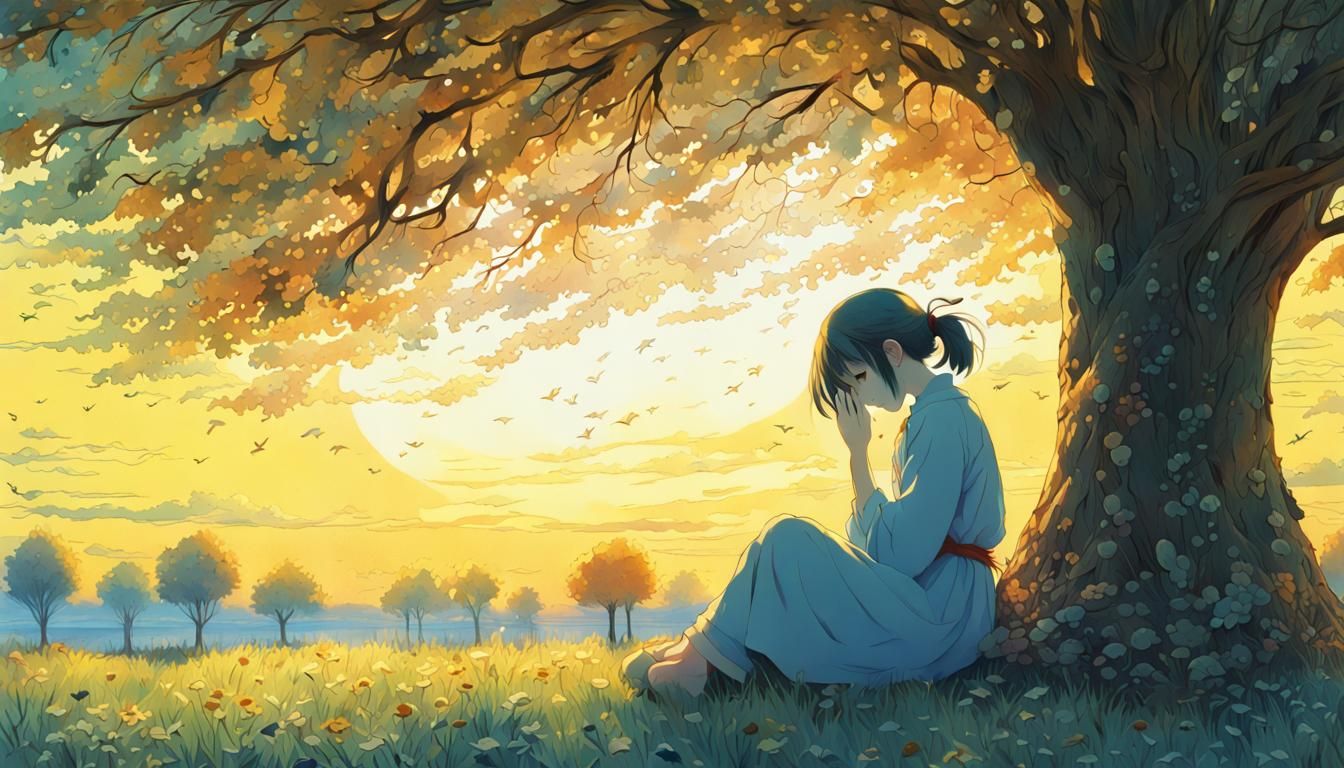 An anime girl crying under a tree, Beautiful art by Robin Moline ...
