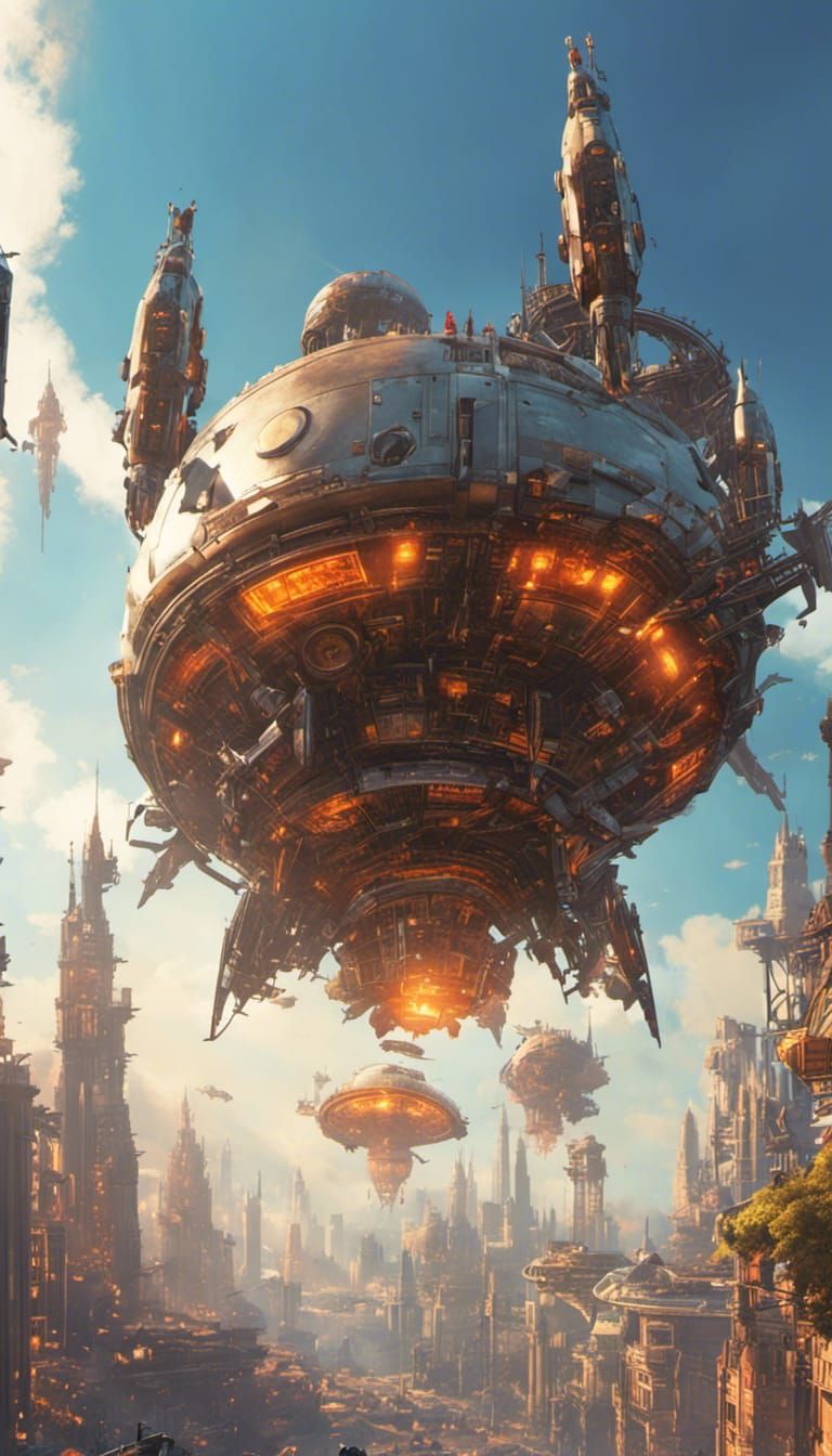 Many Rocketmen flying with jetpacks in sunny sky in pretty post ...