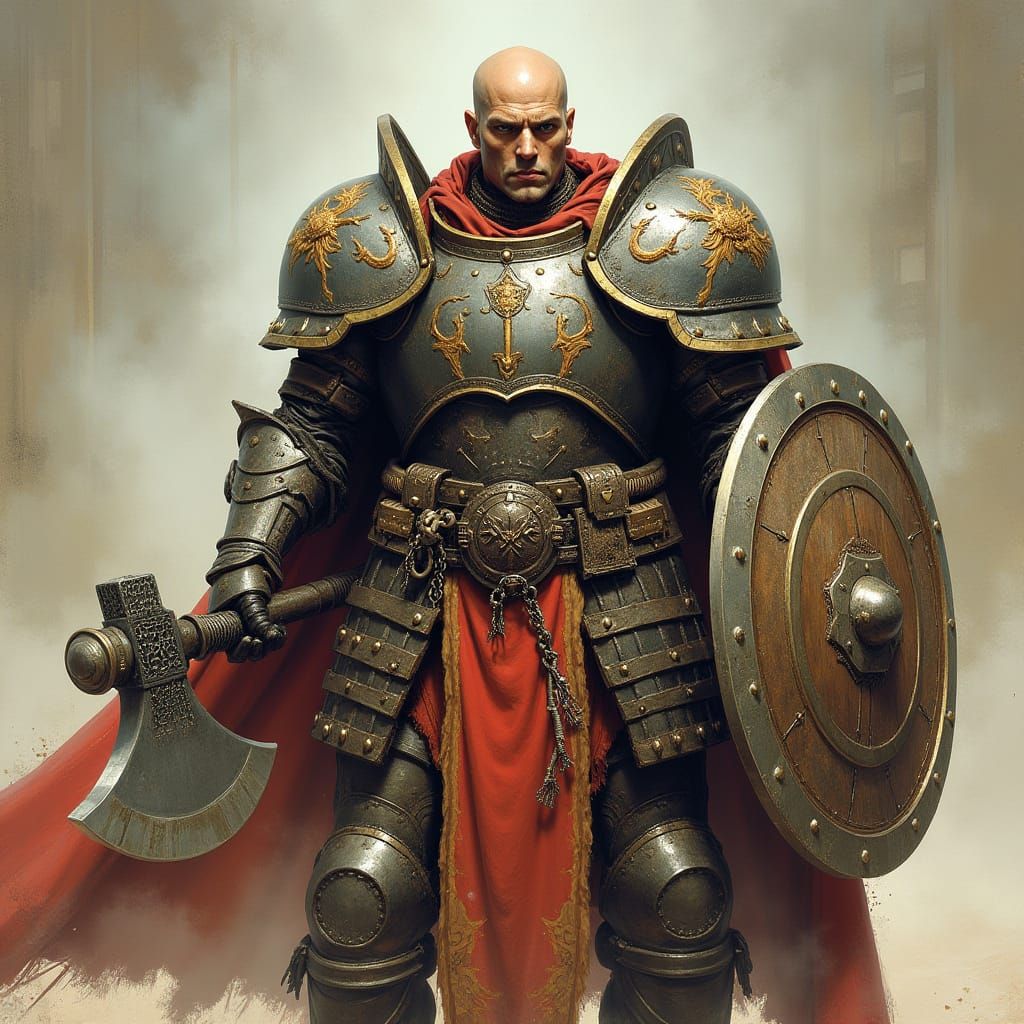 Armored Warrior Priest with Axe and Shield - AI Art