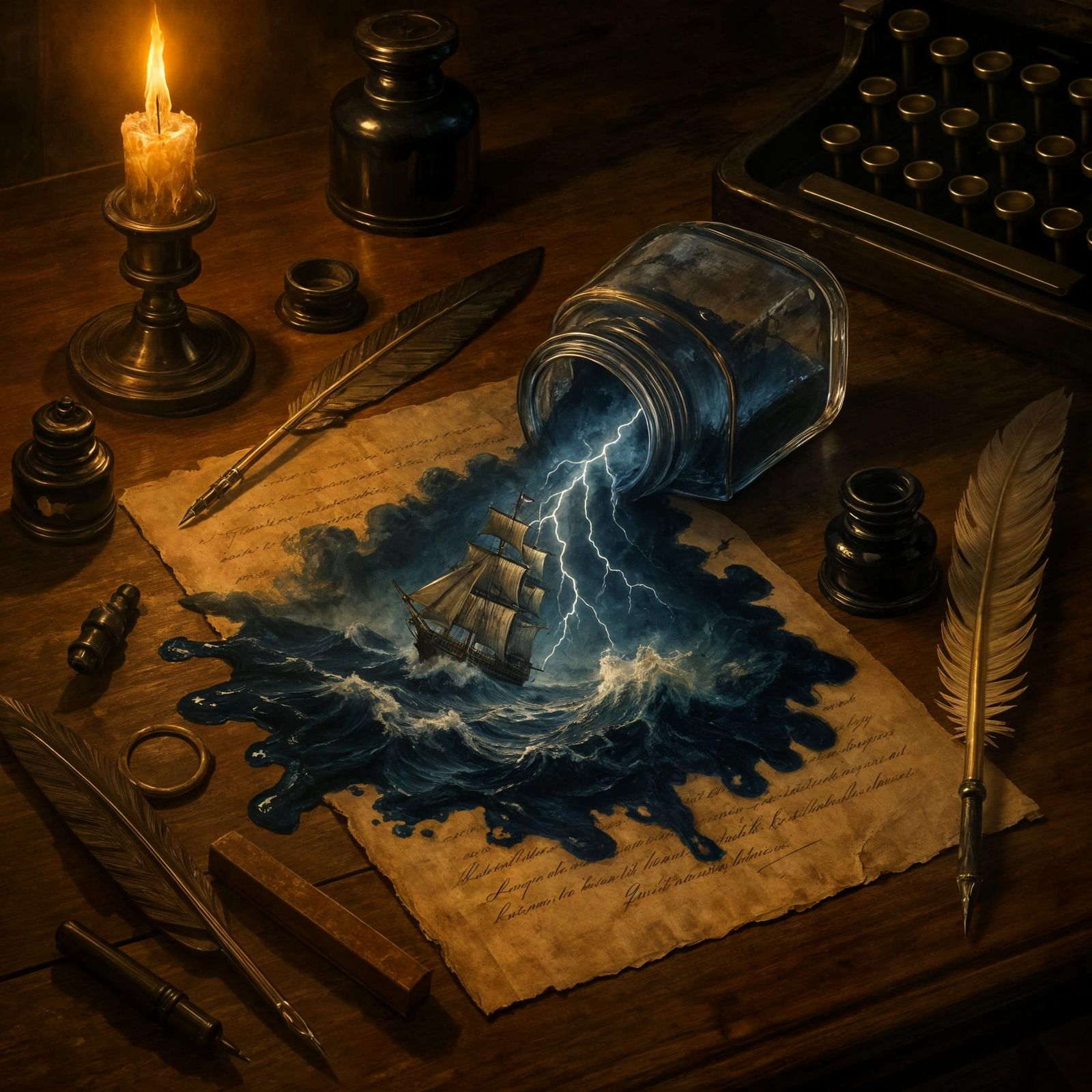 Inkwell Storm - Ocean Storm Ink Spill on Antique Writing Des...