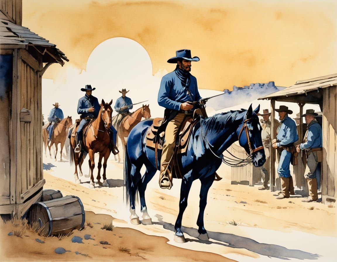 The Old West, cowboy enters corral - Cowboy Enters Sunset Co...