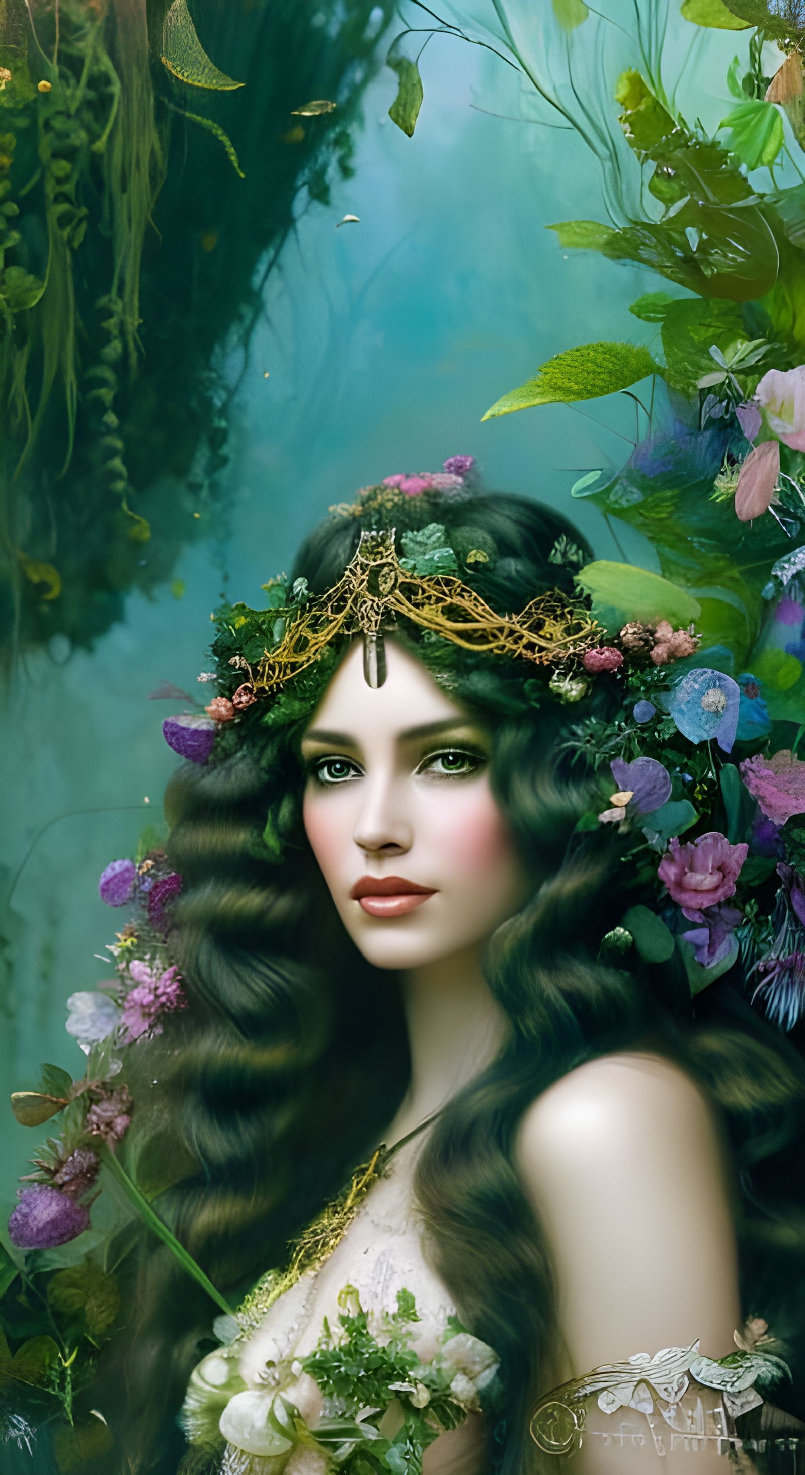 Portrait Of a Hippie queen surrounded by Plants And Flowers art by Ross ...