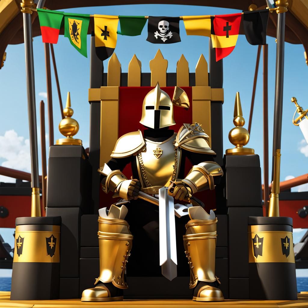A Roblox knight with golden gauntlets sitting on a golden throne with a ...