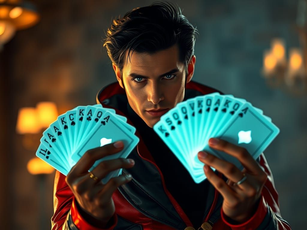 FULL BODY SHOT GAMBIT OF THE X-MEN HOLDING GLOWING ENERGY CHARGED PLAYING CARDS. HYPERREALISM ...